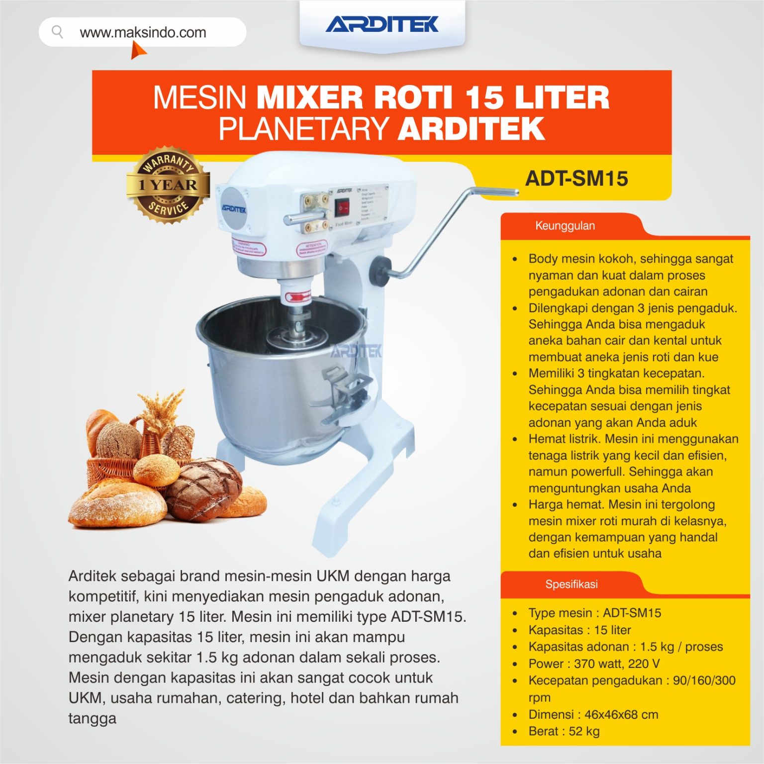 Mesin Mixer Roti 15 Liter Planetary Arditek ADT-SM15 - Toko Mesin Maksindo