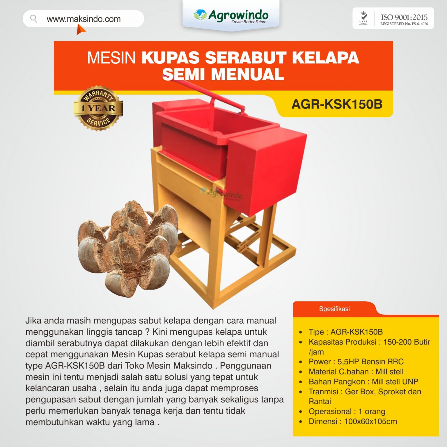 Mesin Kupas serabut kelapa Semi Manual AGR-KSK150B - Toko Mesin Maksindo