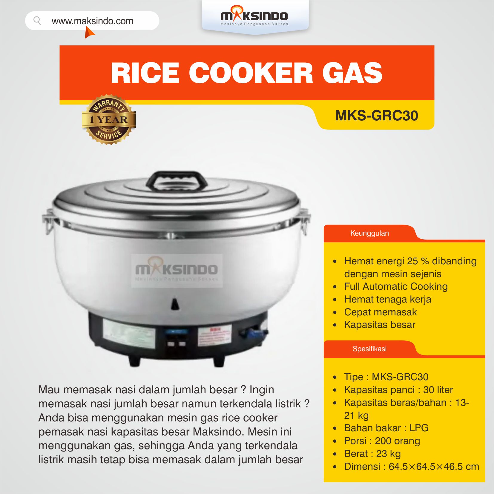 Rice Cooker Gas Kapasitas 30 Liter GRC30 - Toko Mesin Maksindo