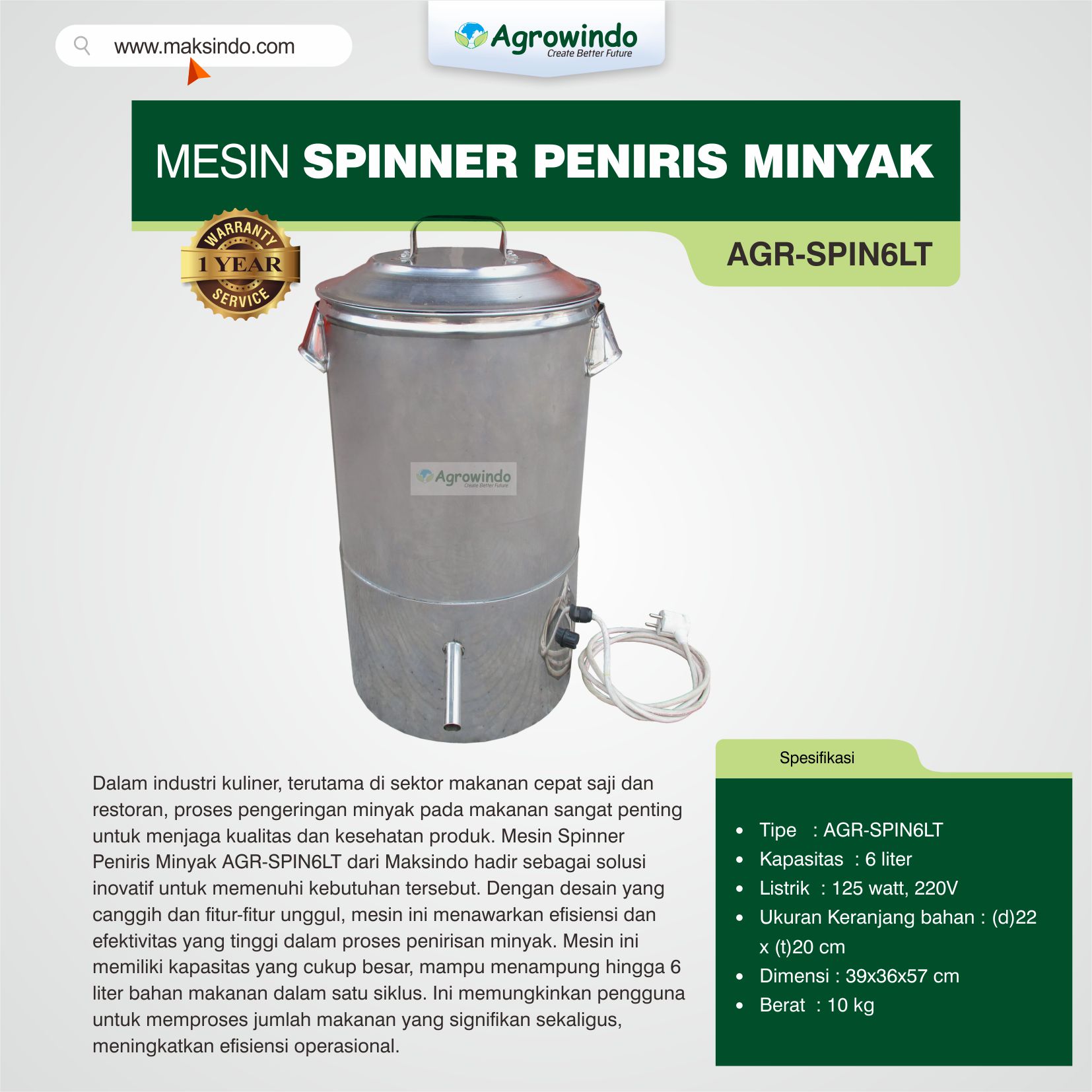 Mesin Spinner Peniris Minyak AGR-SPIN6LT - Toko Mesin Maksindo